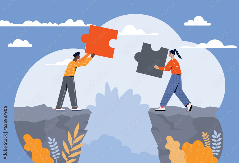 Couple relationship concept. Man and woman building bridge from puzzles ...