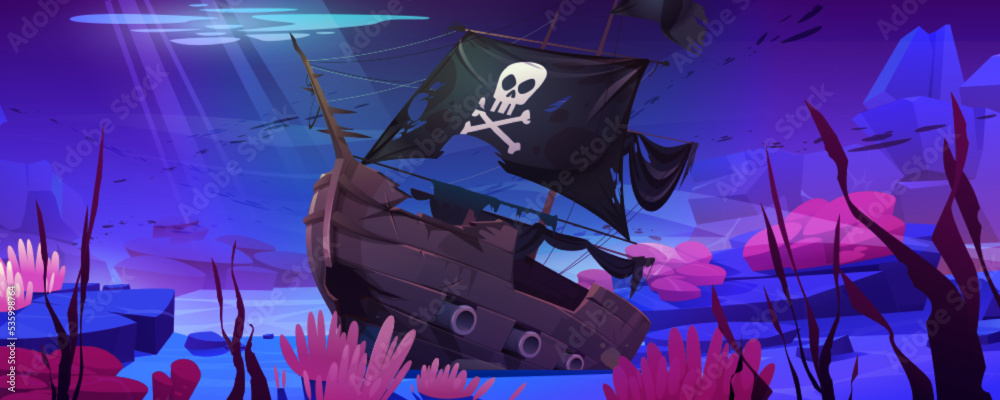 Wreck pirate ship, sunken filibuster vessel, wooden boat with jolly ...