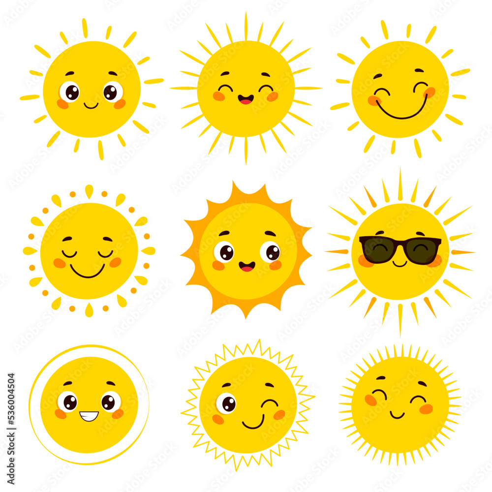 Cute cartoon sun emoji collection. Sunny smiling faces vector set Stock ...