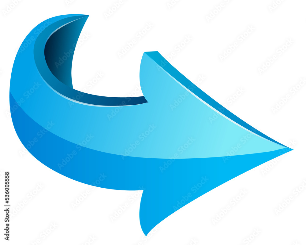 Curved 3d arrow icon. Blue rounded arrow illustration with shadow and ...