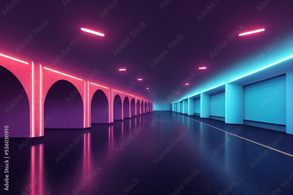 futuristic room in neon cyberpunk style. Realistic cinematic light ...