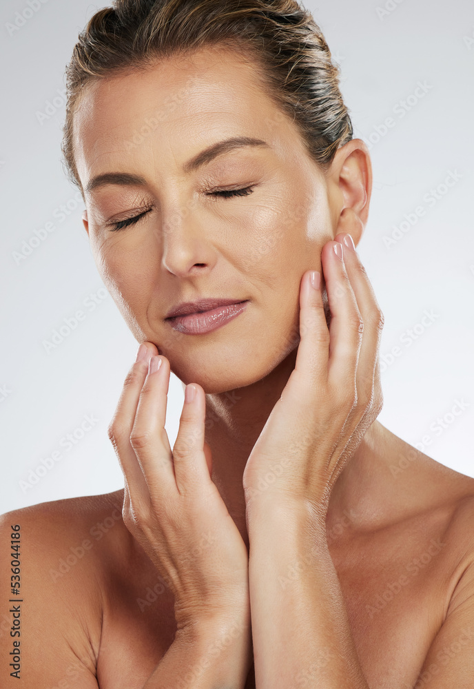 Beauty, skincare and mature woman face wrinkles, facial botox and ...