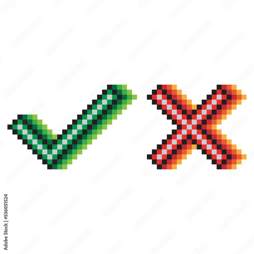 Check mark and cross mark. Tick and cross sign with pixel art. Vector ...