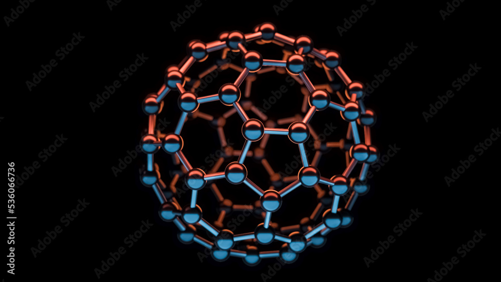 Model of Fullerene Molecule, allotrope of carbon atoms, round sphere with hexagonal rings or ...