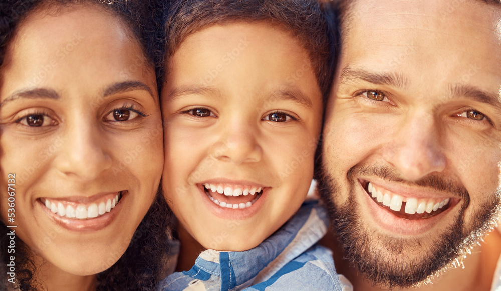 Family, happy and smile with healthy teeth together in zoom of portrait ...