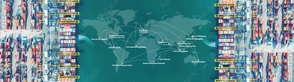 Fotografie Aerial top view of Container ship loading and unloading, Cargo container in deep ...