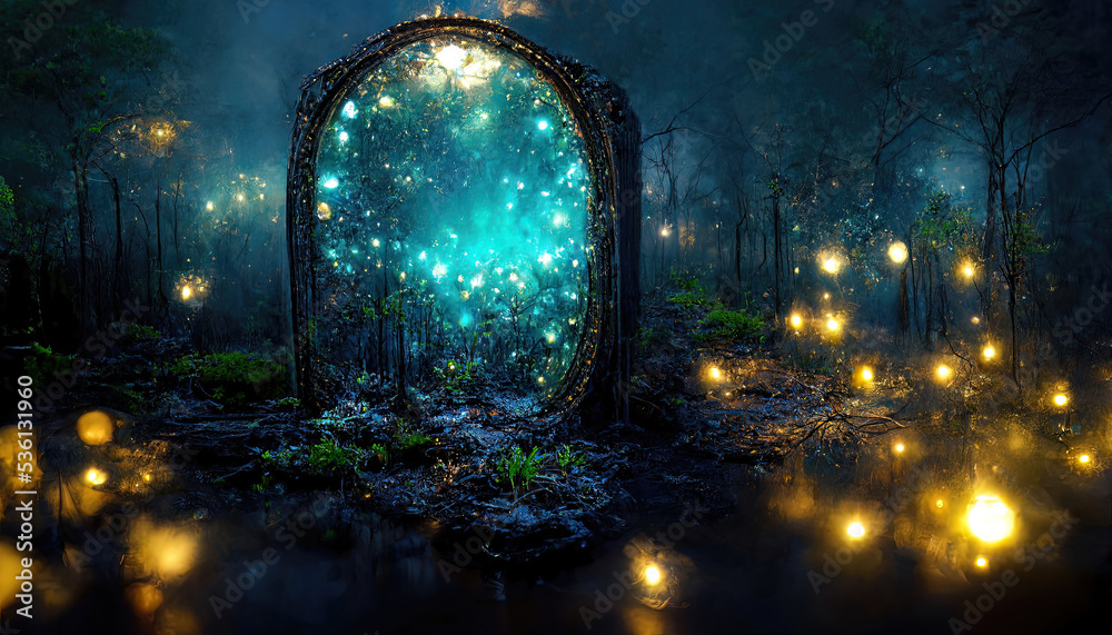 Dark mysterious forest with a magical magic mirror, a portal to another ...
