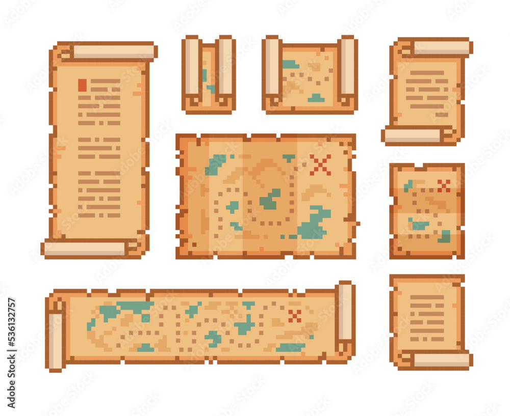 Ancient Treasure Map set on Parchment Scroll. Pixel art path Map icon ... Ancient Treasure Map set on Parchment Scroll. Pixel art path Map icon ...