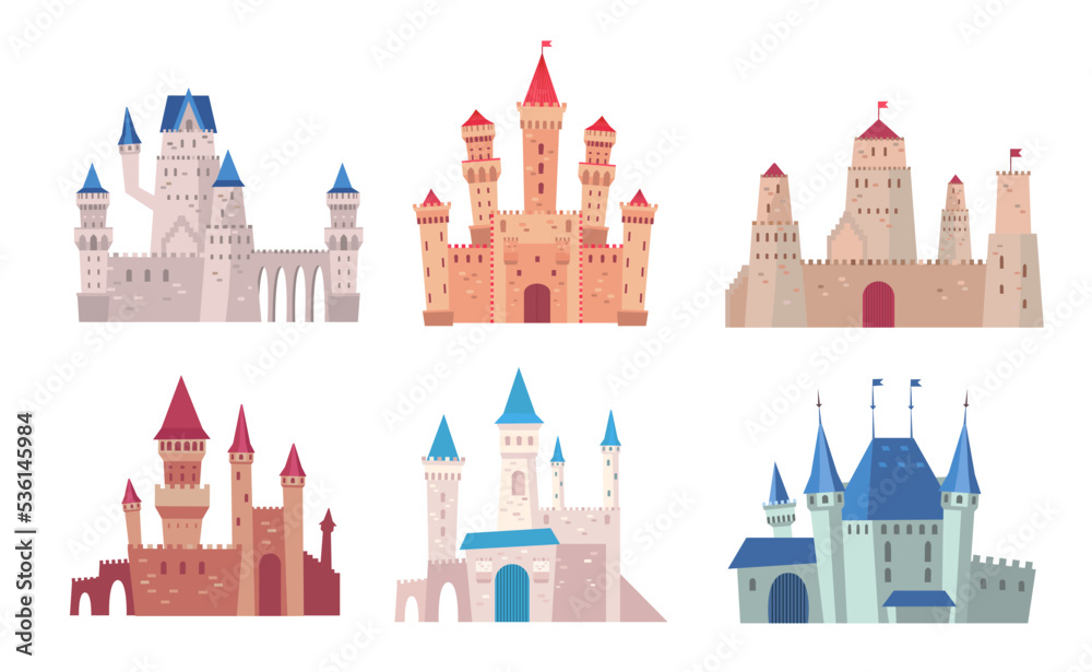 Castles cartoon illustration set. Gothic architecture, fairytale palace ...
