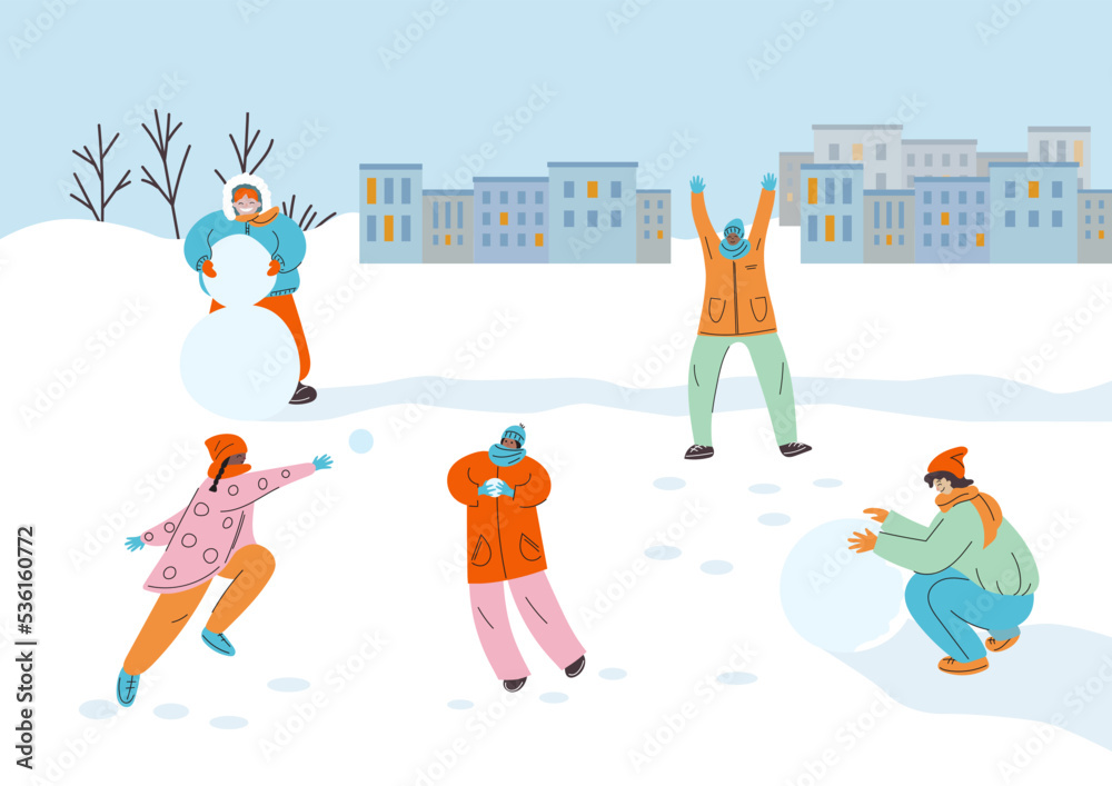 Winter outdoor activities. Children play snowballs. Kids make a snowman ...