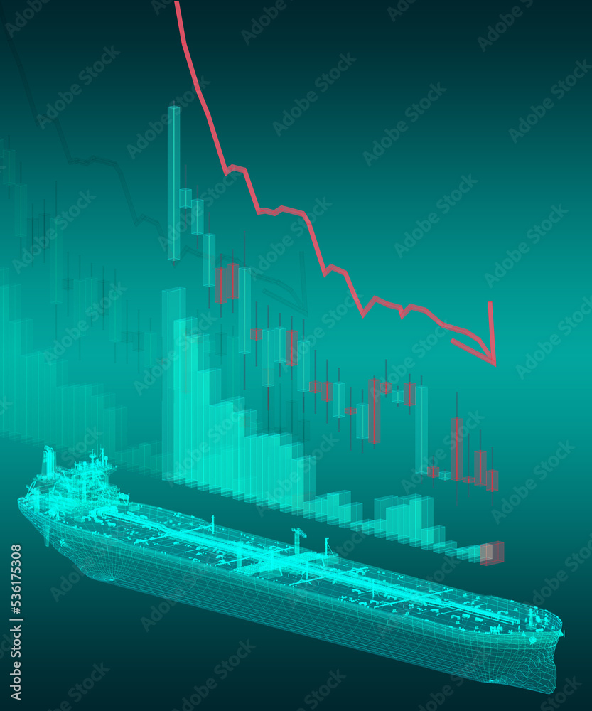A descending chart against the background of the tanker ship schematics ...