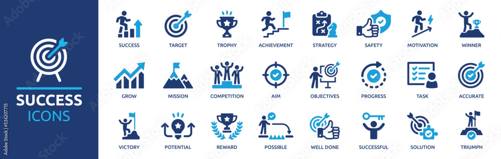 Success icon set. Successful business development, plan and process ...