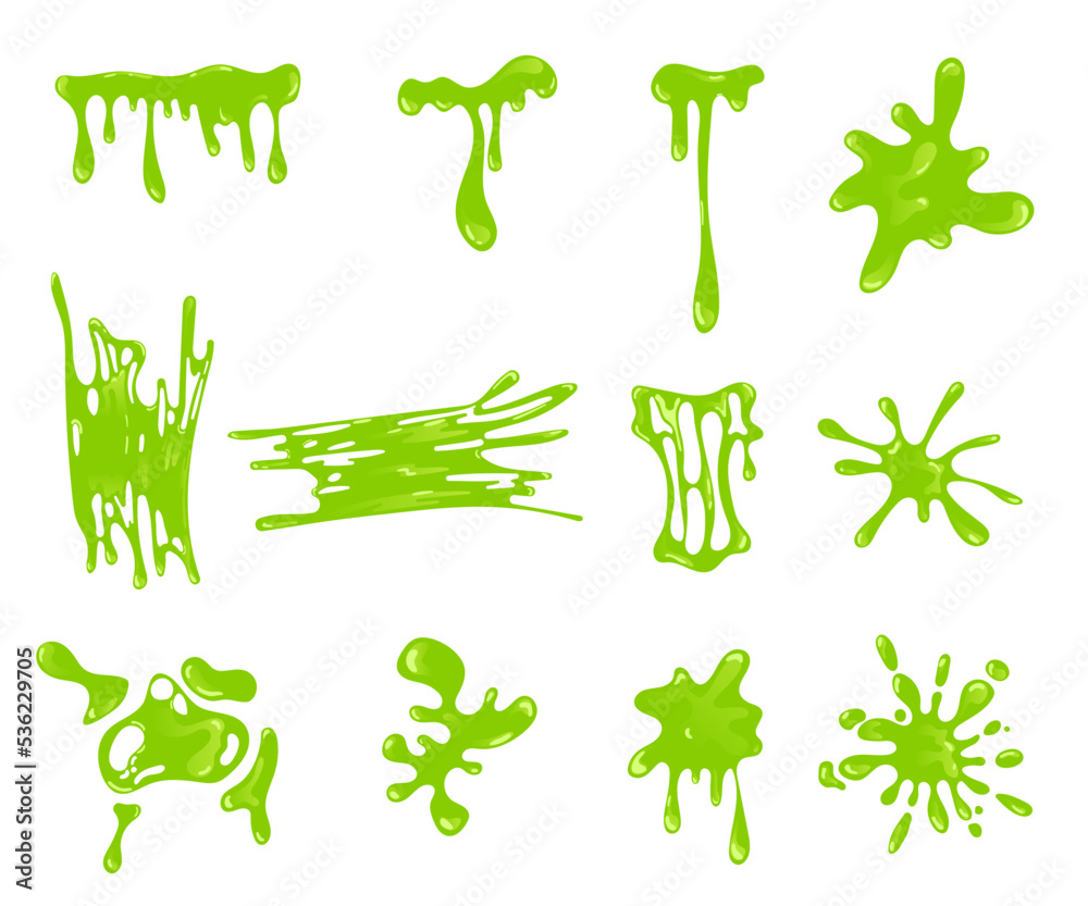 Green slime splashes and blobs set. Vector illustrations of sticky ...
