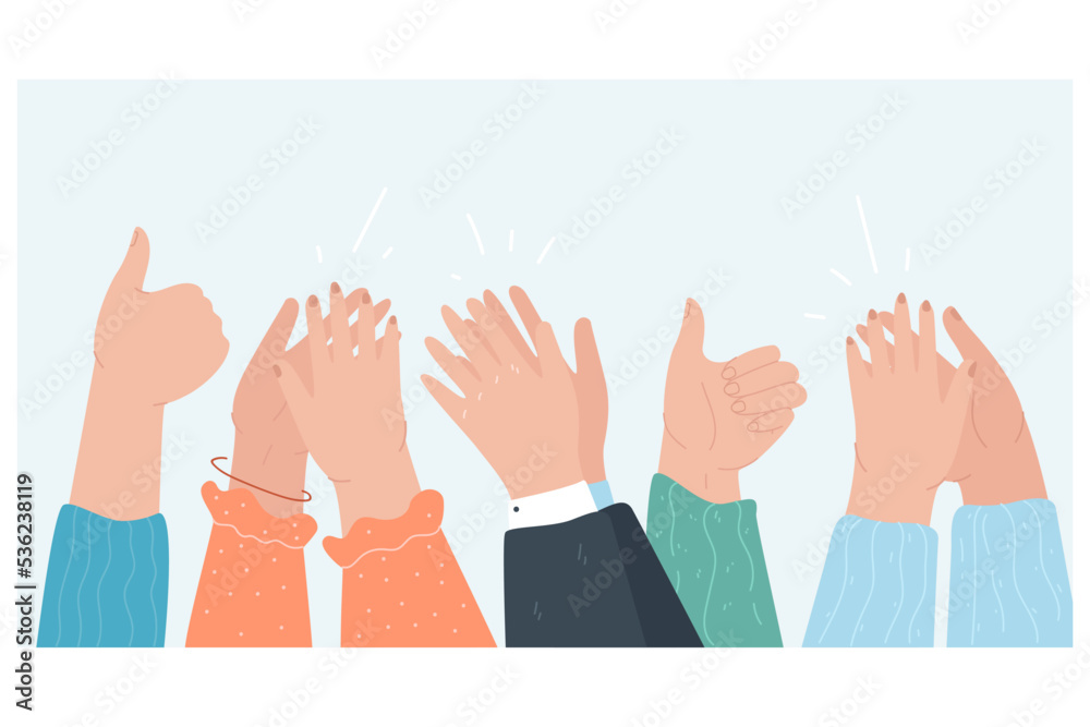 Arms of people showing thumbs up, hands applauding and clapping ...