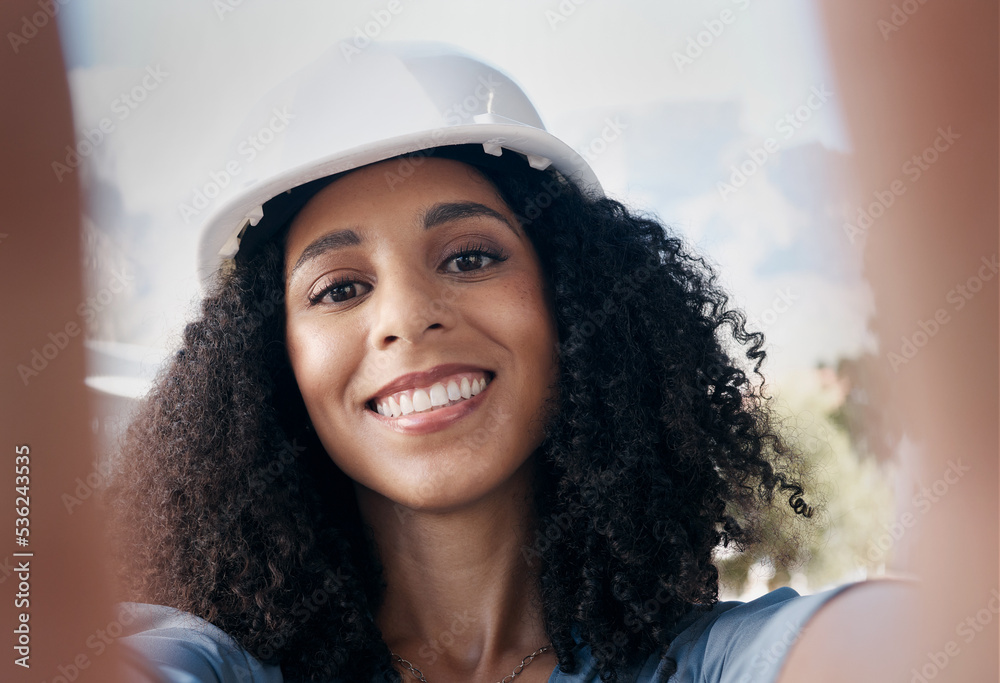 Architecture, engineering and black woman selfie portrait construction site, industrial building ...