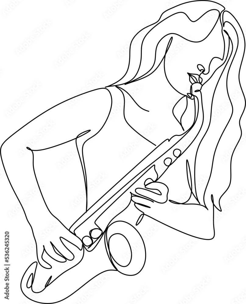 Silhouette of beautiful woman playing saxophone in continuous line ...