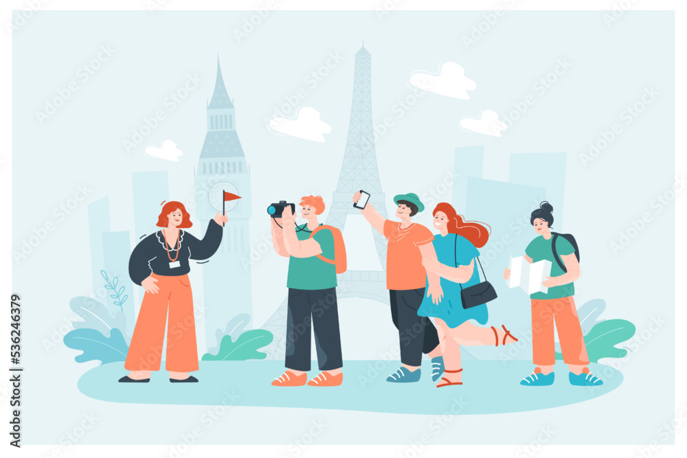 Group of tourists sightseeing and female tour guide holding flag. Happy ...