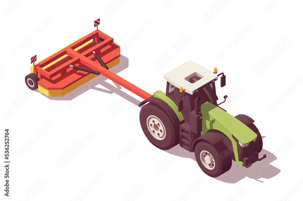 Isometric tractor with agricultural equipment set. Isolated low poly ...