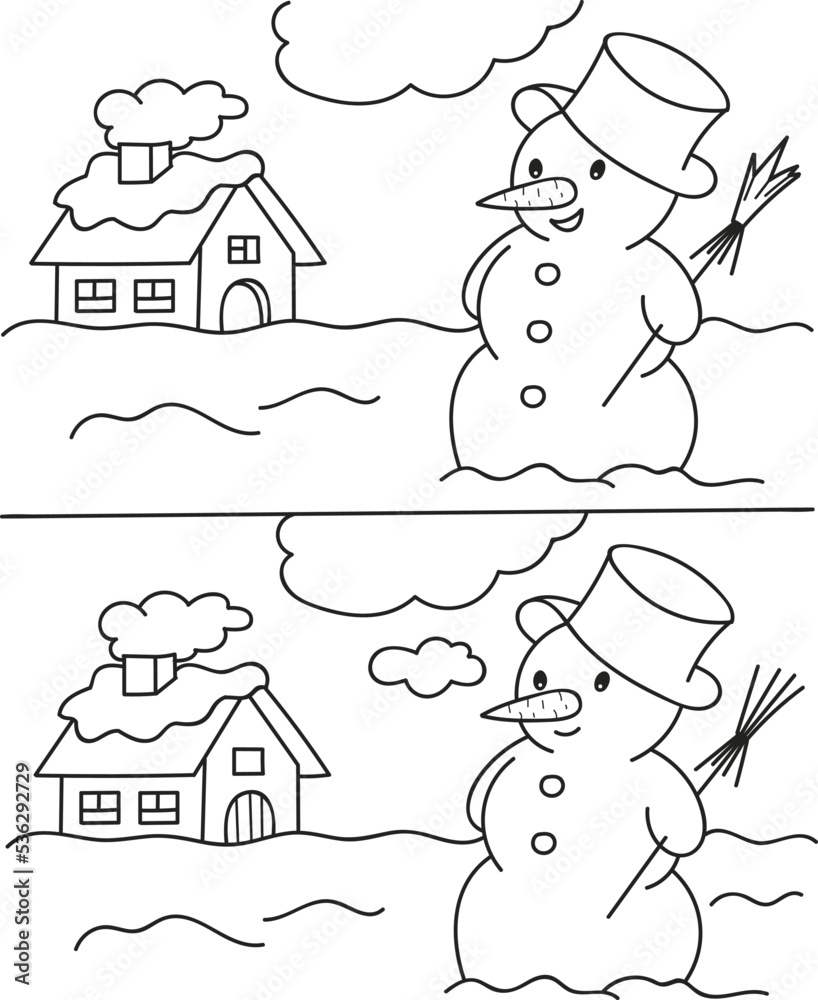 Find seven differences. Snowman with the house. Coloring page outline ...