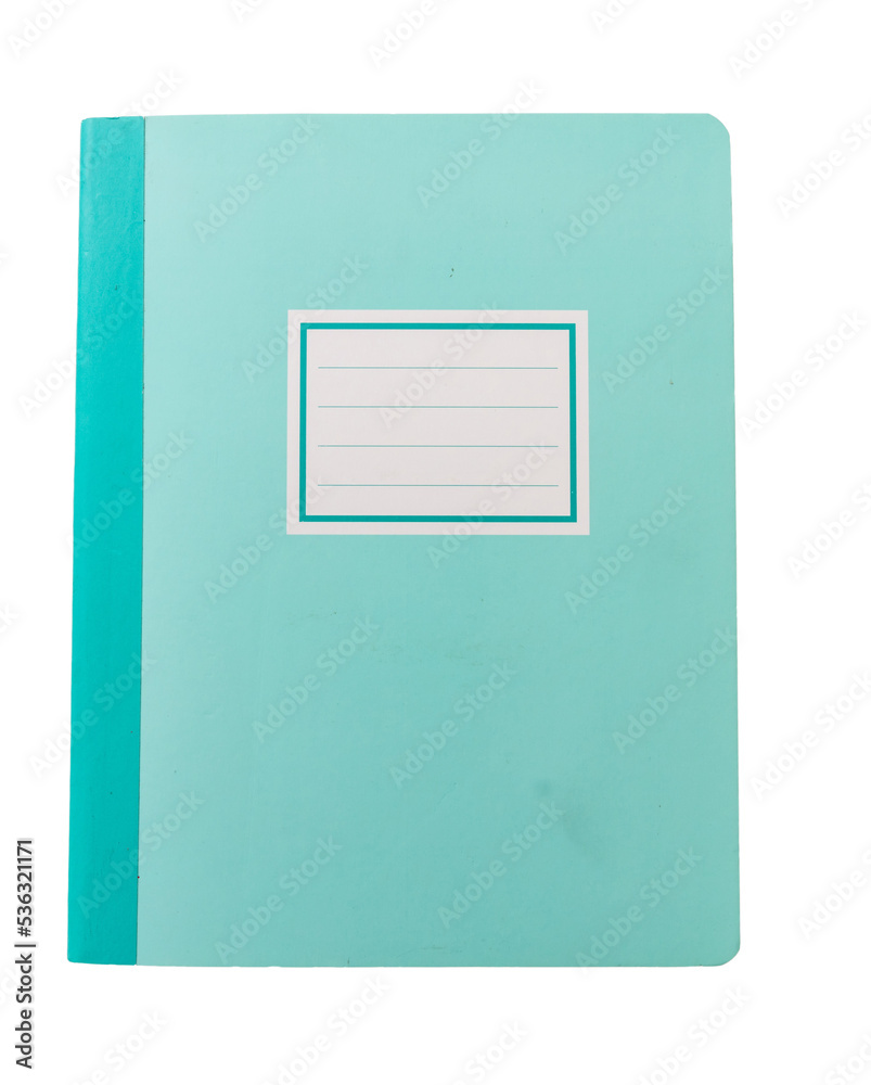 Back to school. Blank label light blue color notebook isolated ...