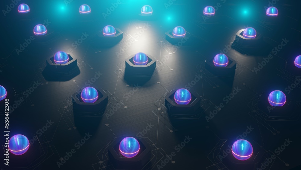 Quantum computer circuit at work, qubits, system board macro ...