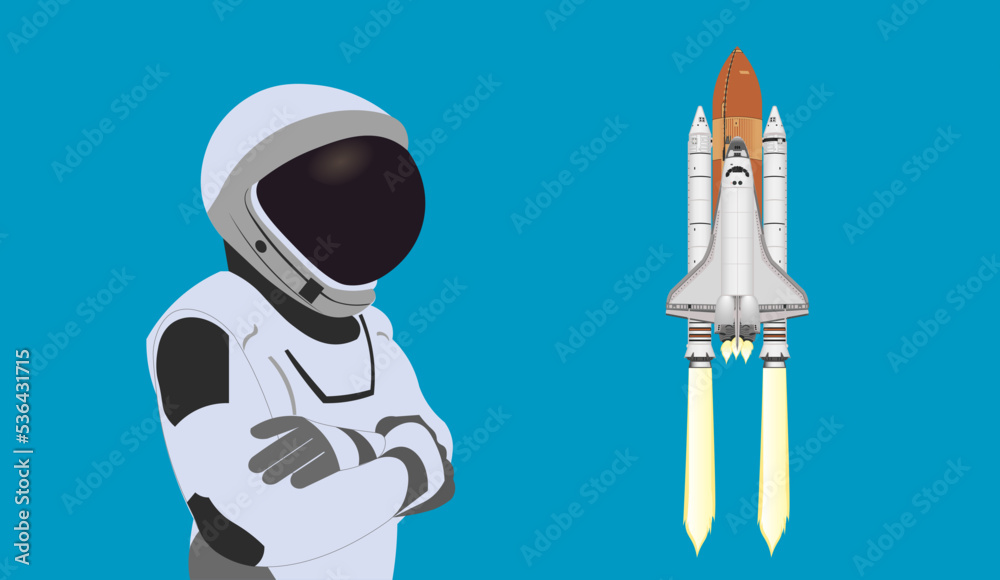 Space Astronaut in new space suit in a front of Space shuttle flight ...