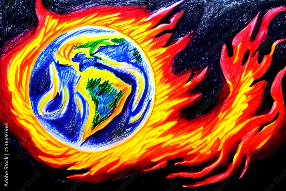Ecological disaster of fires on planet earth painted by a child with ...