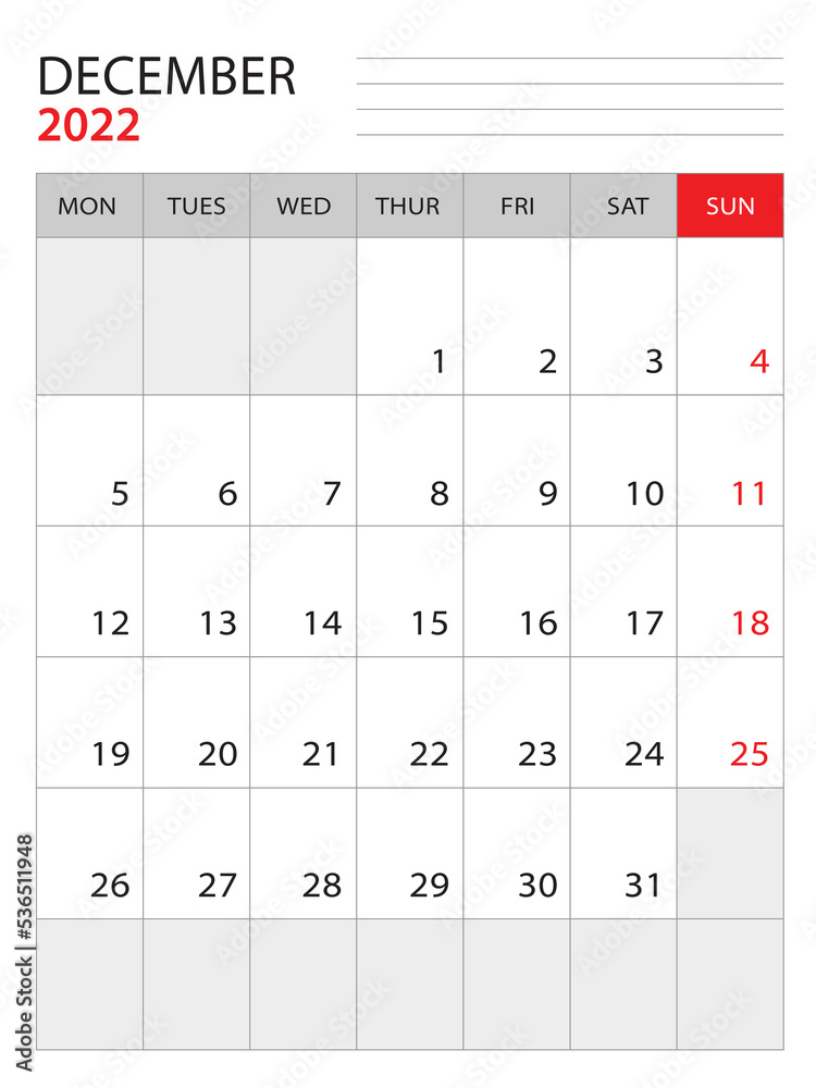 December 2022-Calendar 2022 template vector illustration, week start on ...