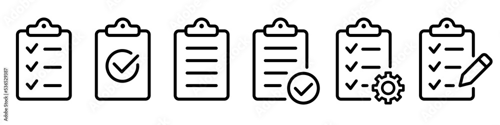 Clipboard icon set. Checklist on the clipboard line icon with checkmarks, checklist, document ...