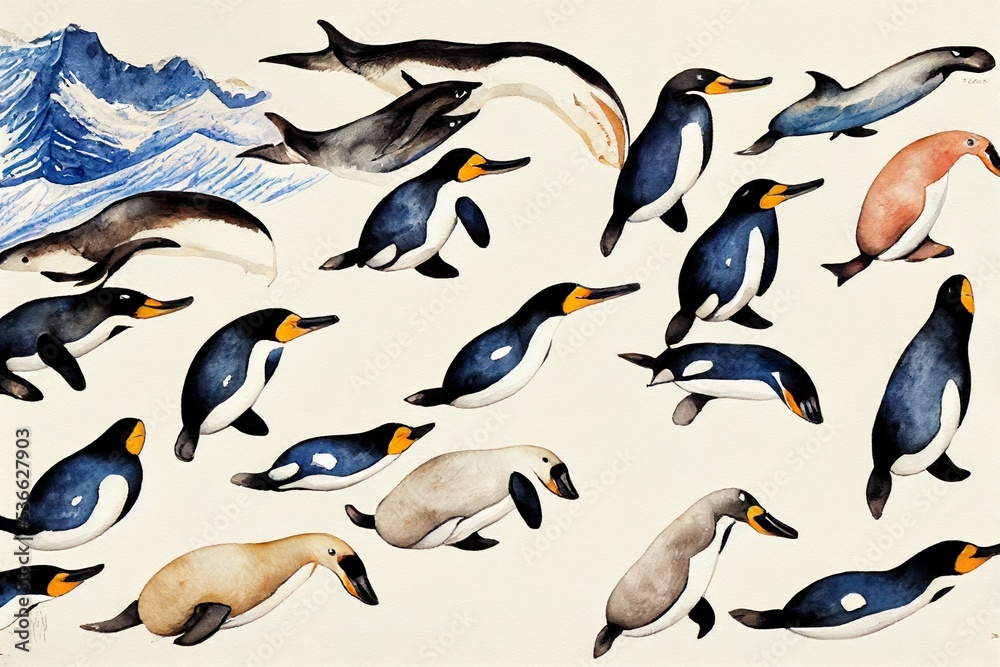 Watercolor Arctic and Antarctic animals. King penguin, narwhal, walrus ...