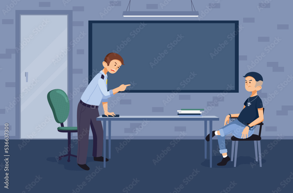 A police officer interrogates a suspect in the interrogation room. The ...