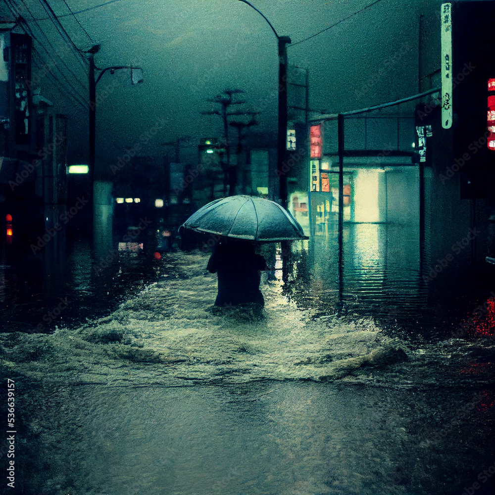 Flooding city shot on film lighting scary horror natural disaster night ...