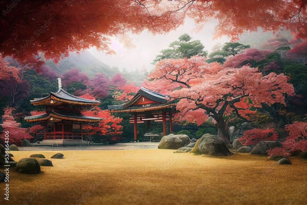 japanese temple in the morning. concept art. illustration. fantasy ...