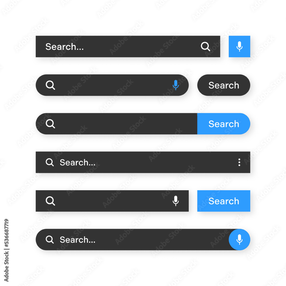 Various search bar templates, dark mode. Internet browser engine with ...