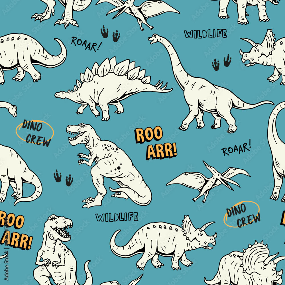 Dinosaur seamless pattern. Hand drawn vector dinosaurs with background ...