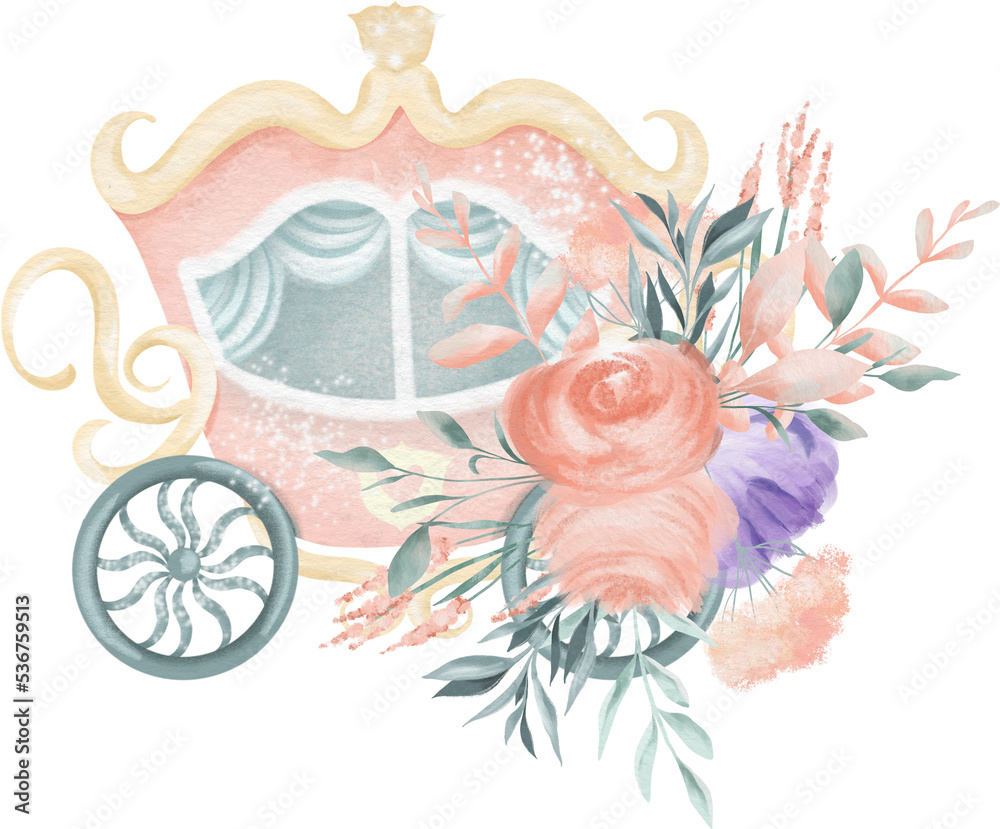 Watercolor fairy tale element of princess story - princess carriage ...