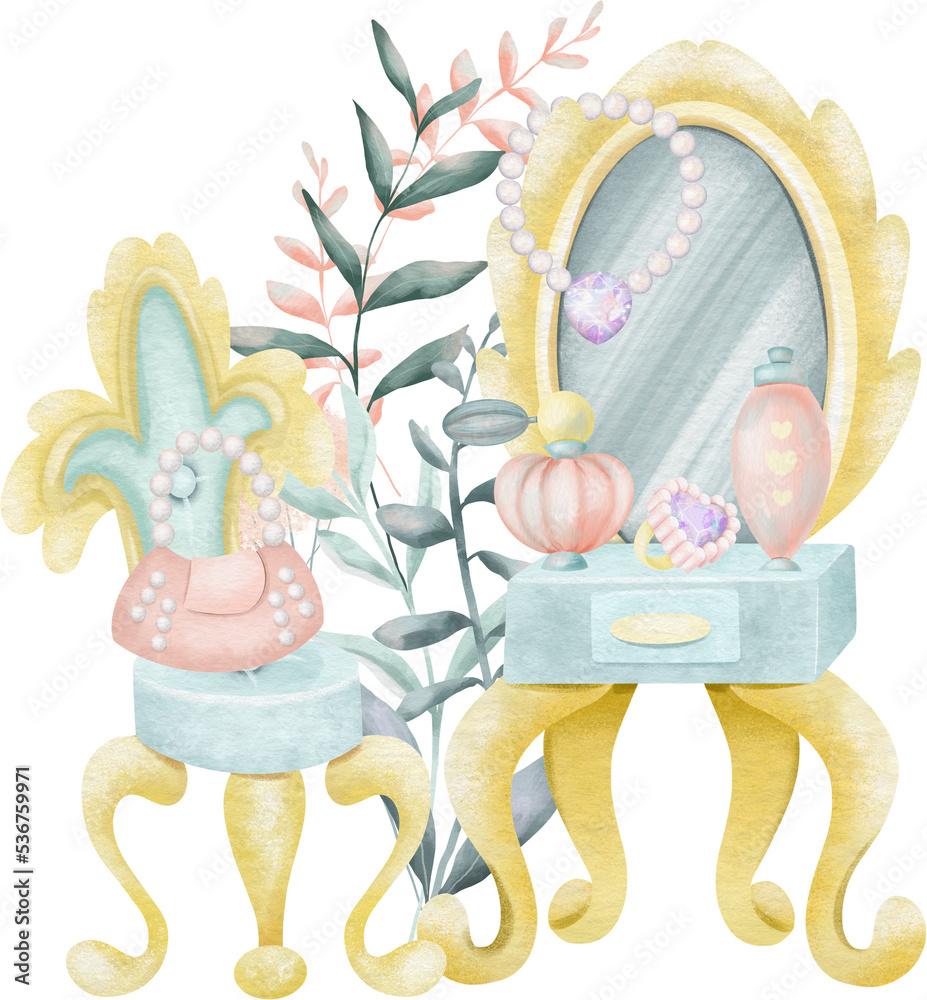 Stockillustratie Watercolor fairy tale princess cosmetic table and ...