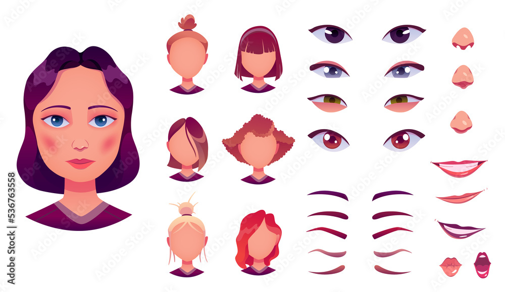 Girl face construction, avatar creation with different head parts ...