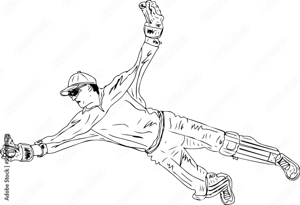 Vektor Outline sketch drawing of cricket wicket keeper catch, vector ...