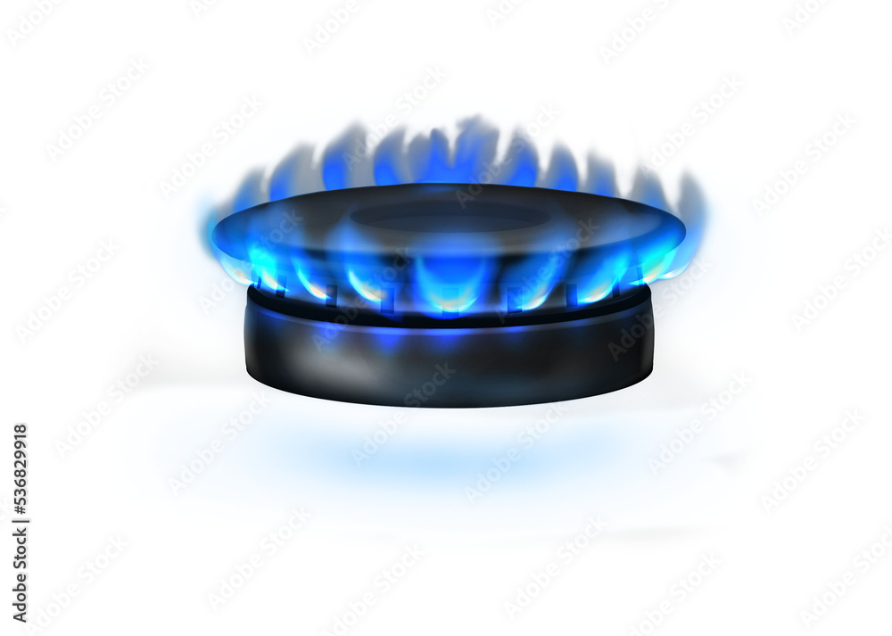Gas burner with blue flame. Side view glowing fire ring on kitchen ...