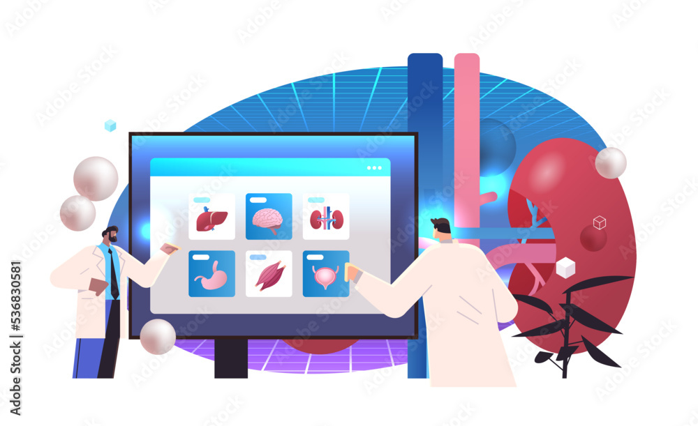 scientists examining anatomical human body internal organs on monitor ...