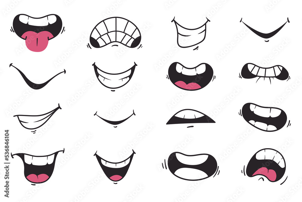 Mouth smile cute cartoon doodle face expression isolated set. Vector ...