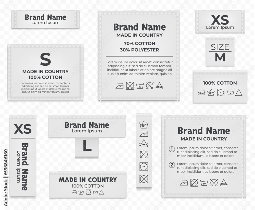 Label tag wash instruction cloth care fabric cotton isolated set ...