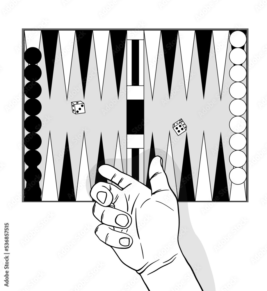 black and white illustration Tables game. backgammon sketch with arm ...