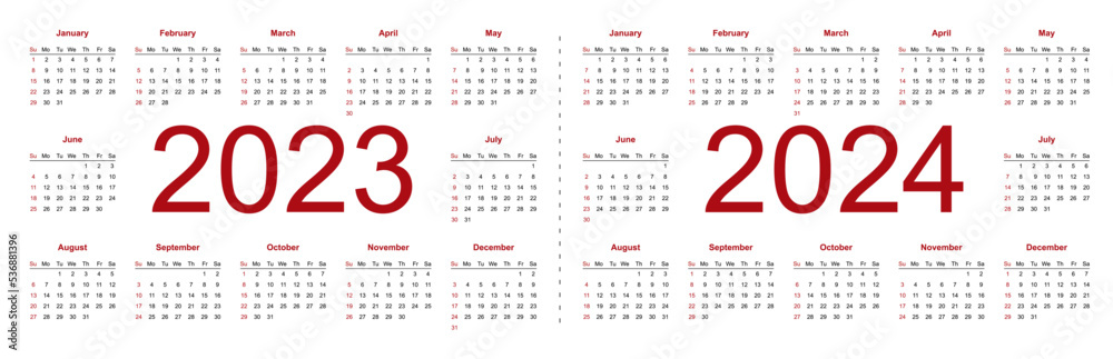 Simple editable vector calendars for year 2023 2024. Week starts from ...