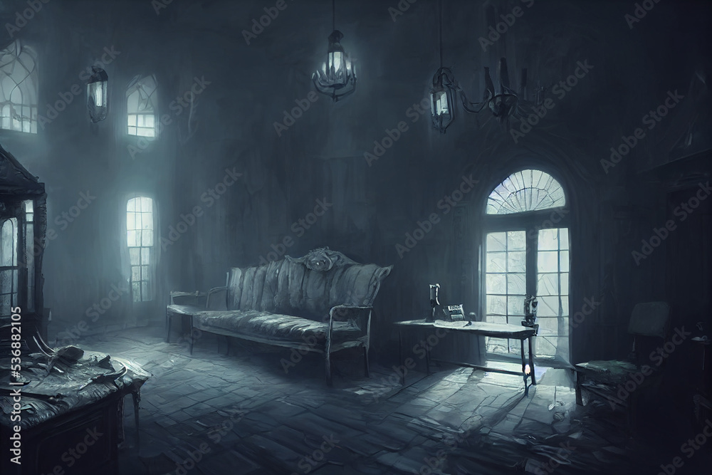 creepy interior of an abandoned building background, concept art, digital illustration, haunted ...