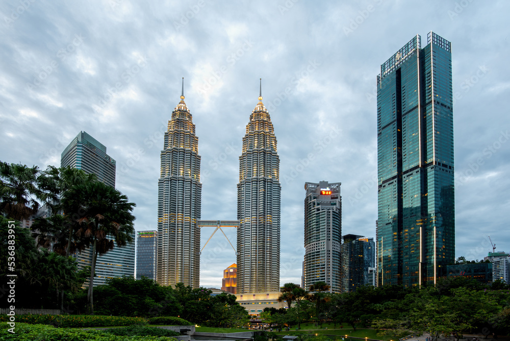 View of the Petronas Twin Towers from KLCC park. The towers are the ...