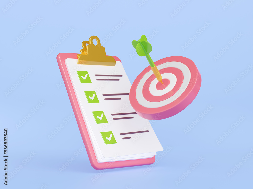 3d render checklist with target bullseye and arrow in aim. Check list ...