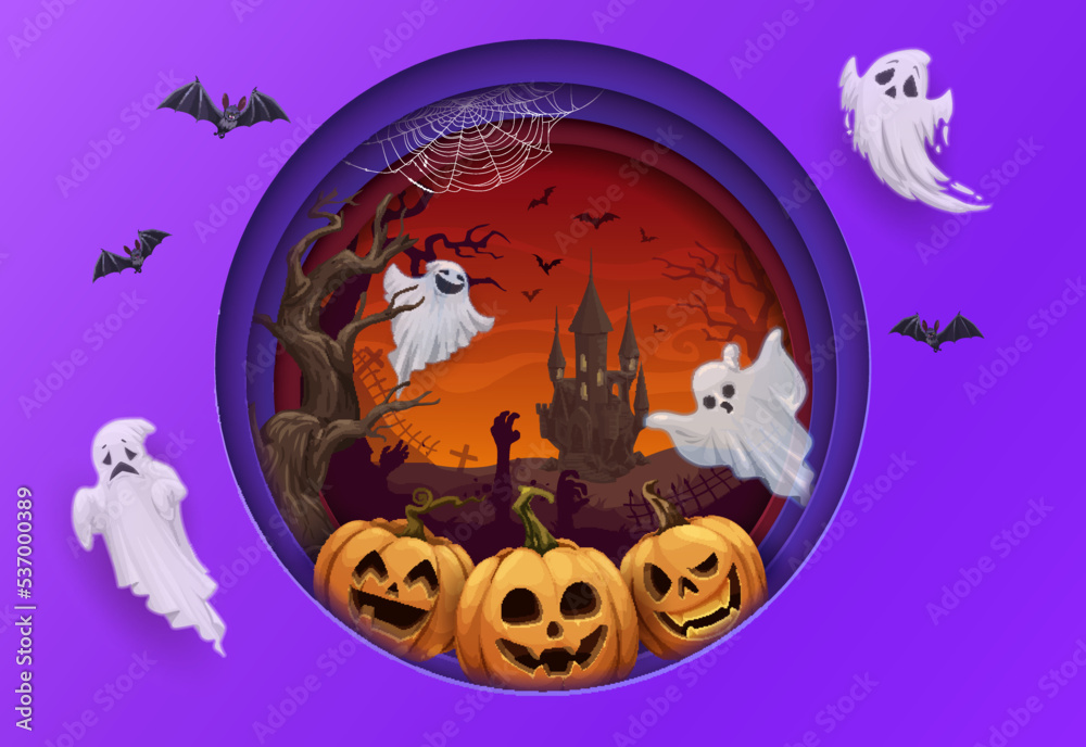 Halloween paper cut with ghosts and castle landscape. Jack o lantern ...