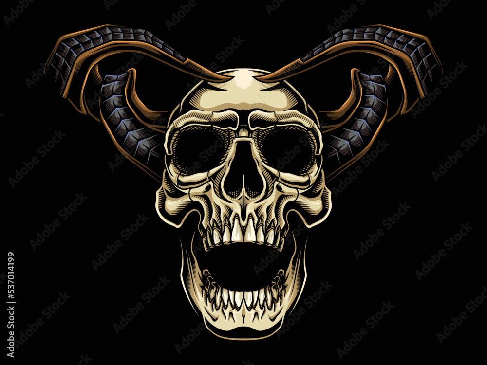 Devil skull. Vector illustration in engraving technique of human skull ...